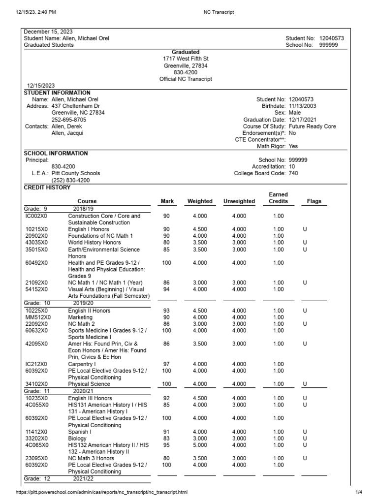 MA NC High School Transcript | PDF
