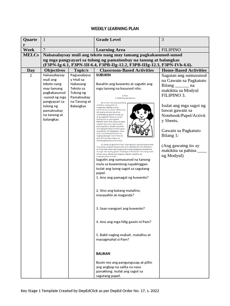 Weekly Learning Plan: Subukin | PDF