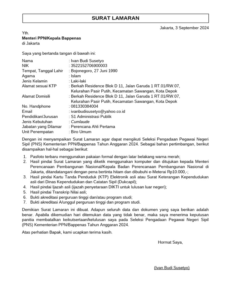 Lampiran III Format Surat Lamaran 2 | PDF