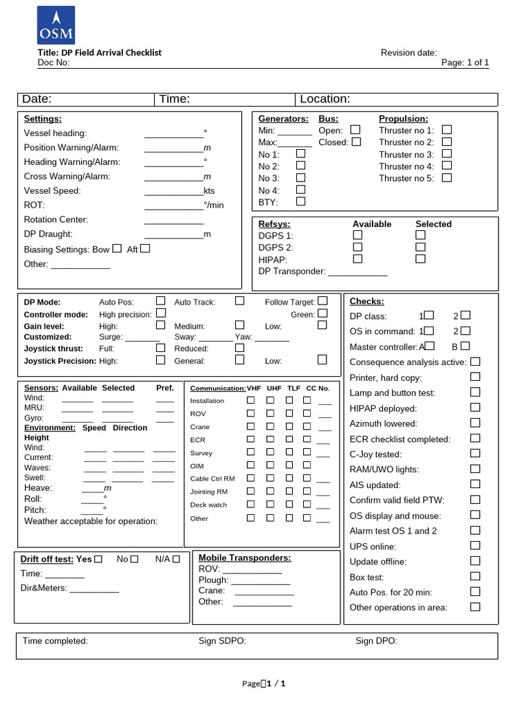 DP Field Arrival Checklist | PDF