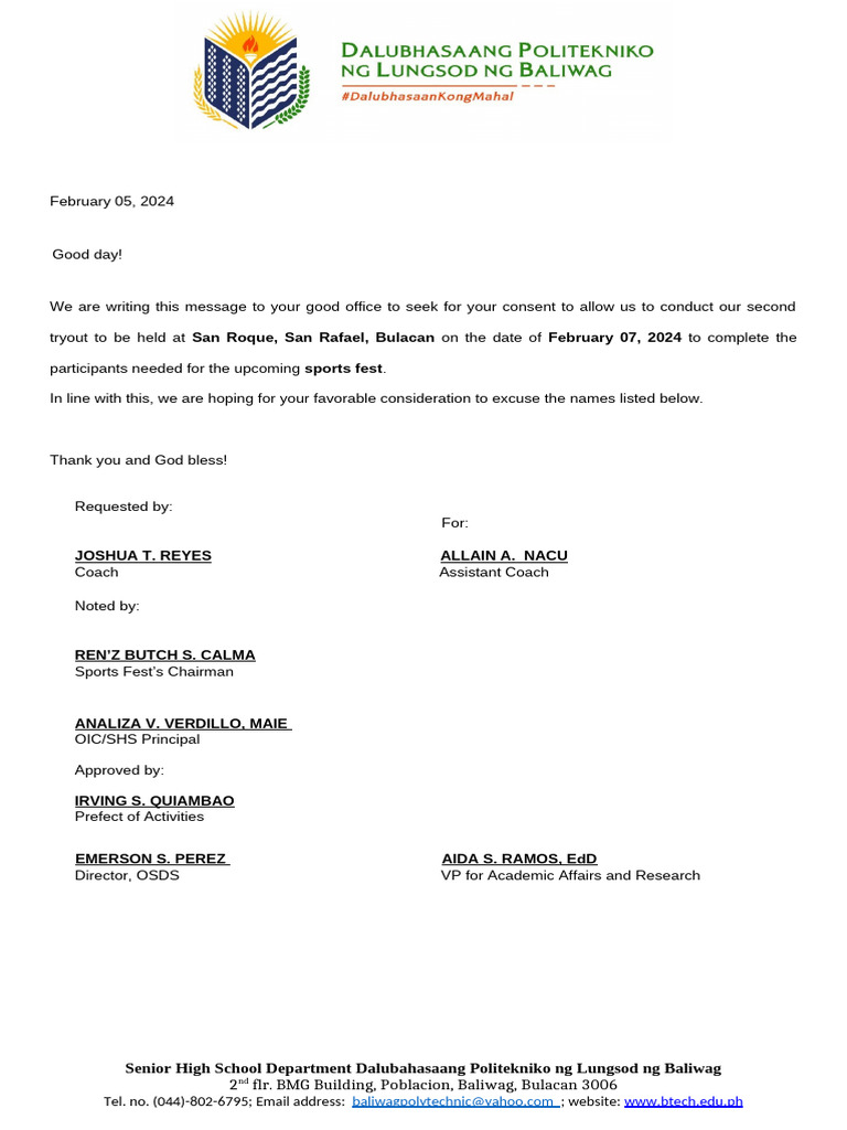 2nd Tryout Basketball Letter | PDF