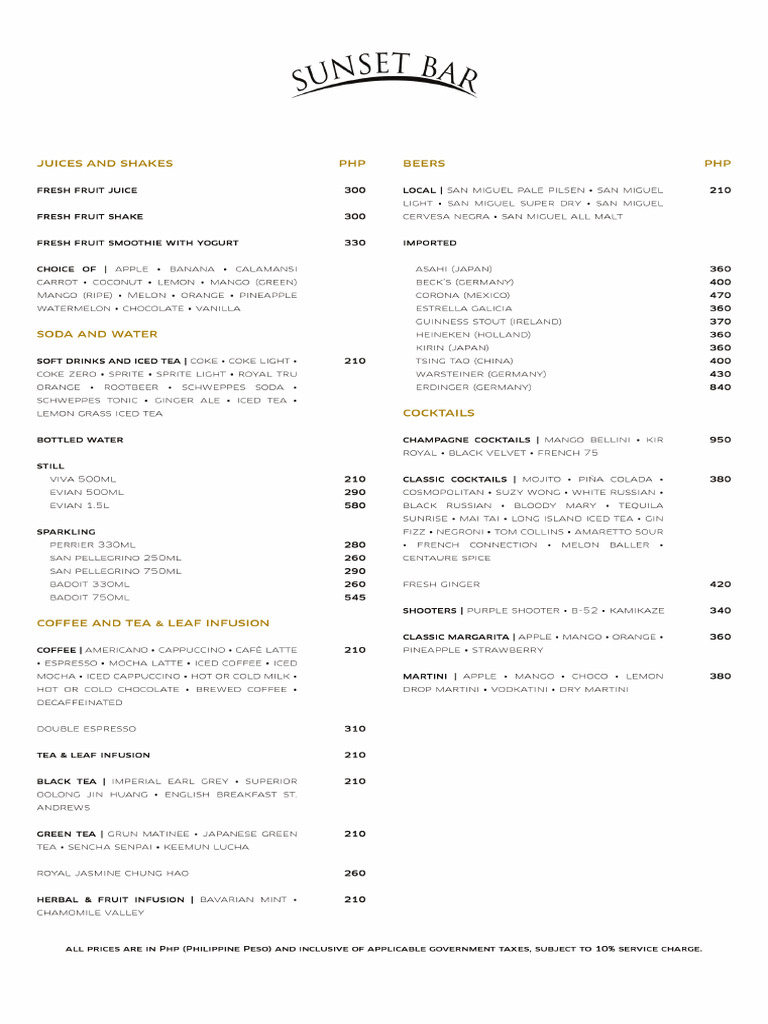 Sofitel Philippine Plaza Manila Sunset Bar Menu 2016 | PDF