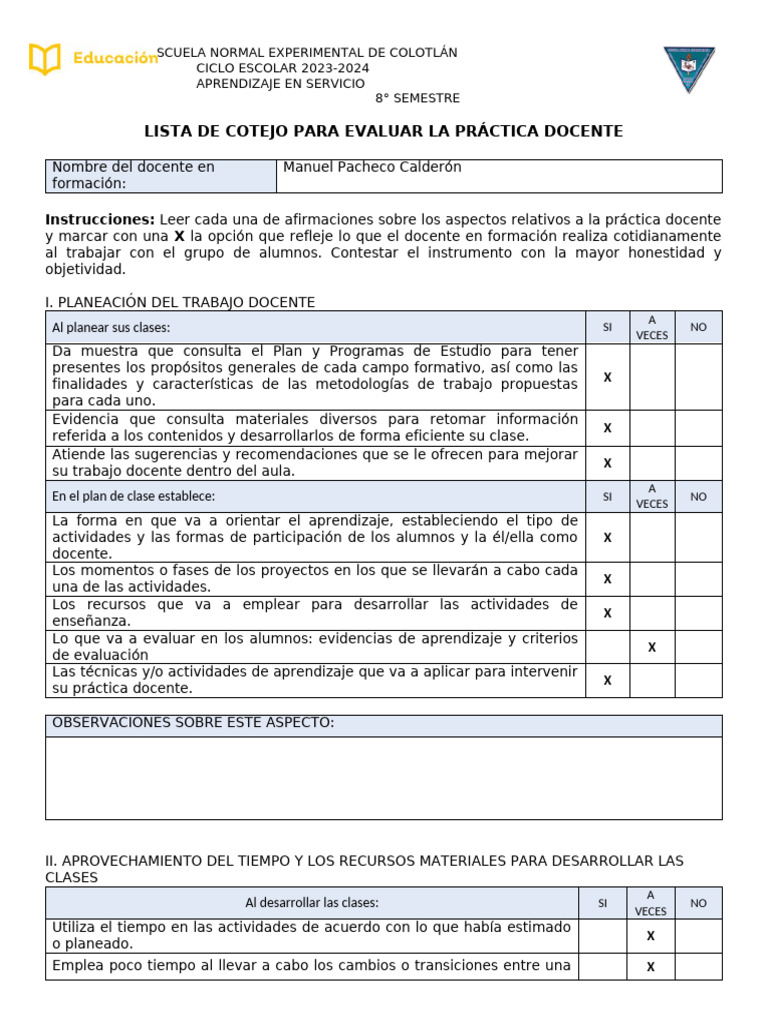 3 Lista de Cotejo para Evaluar La Practica Docente | PDF | Evaluación | Salón de clases