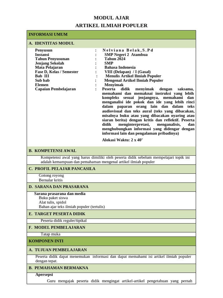 Modul Ajar Bab. 3 Teks Artikel Ilmiah Populer Kls 8 Kumer 2024-2025 | PDF