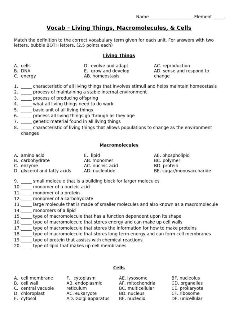 Vocab - Living Things, Macromolecules, & Cells | PDF