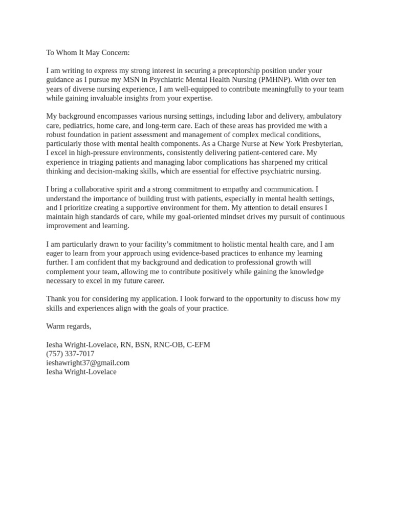 PMHNP Preceptor Cover Letter | PDF