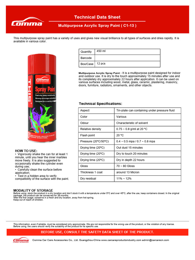 TDS - C1-13 - Multipurpose Acrylic Spray Paint | PDF | Paint | Acrylic ...