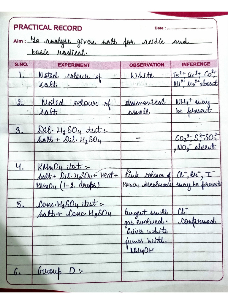 Class 12th Chemistry Experiment - Salt Analysis | PDF