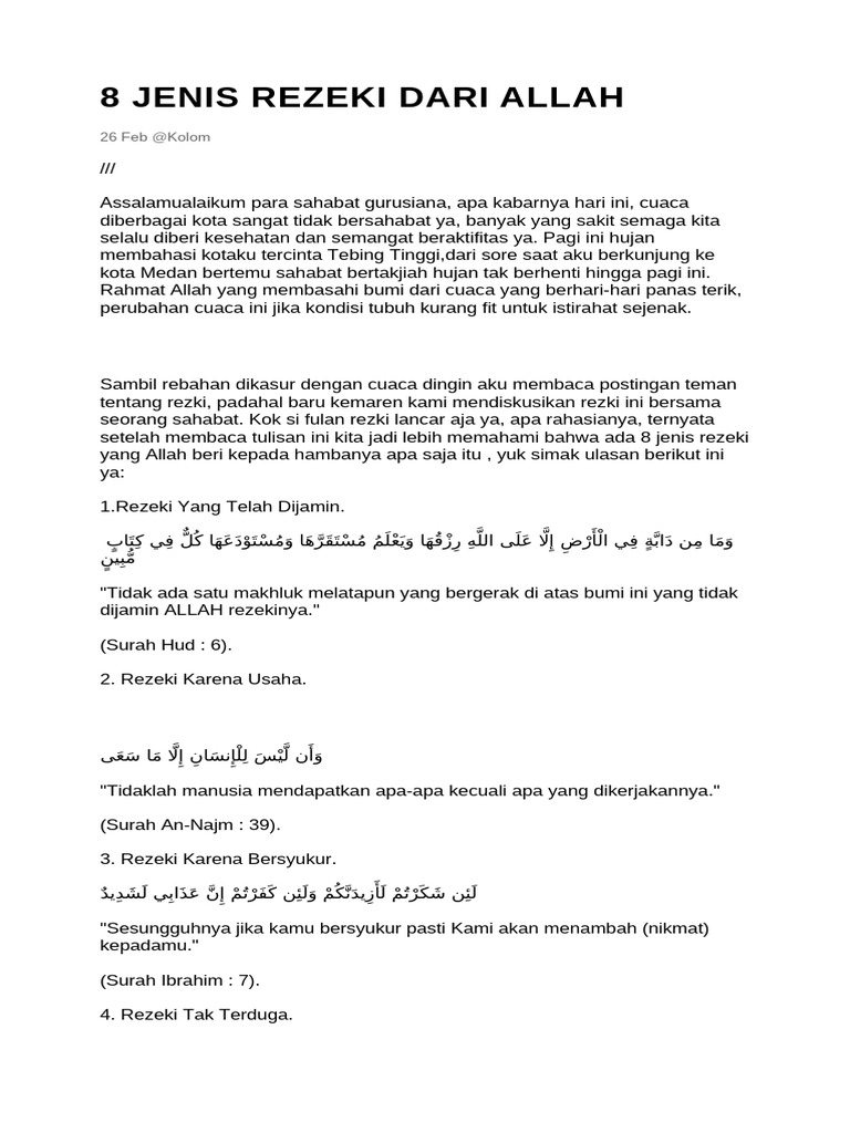 8 JENIS REZEKI DARI ALLAH | PDF