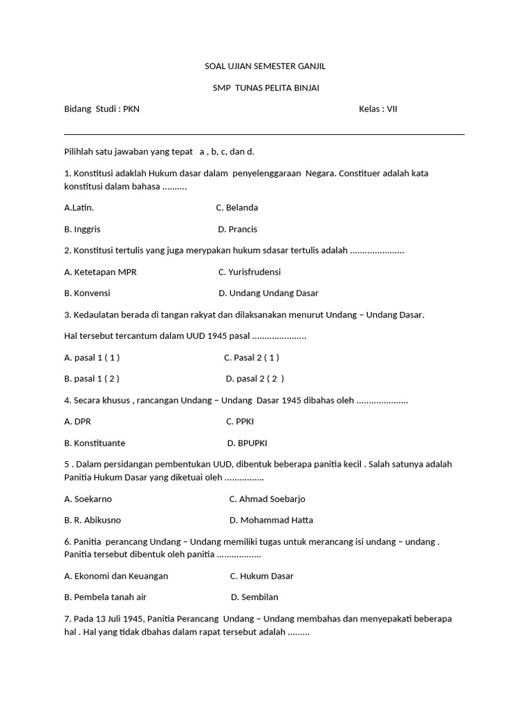 Soal Ujian Sem Ganjil SMP PKN 7 | PDF