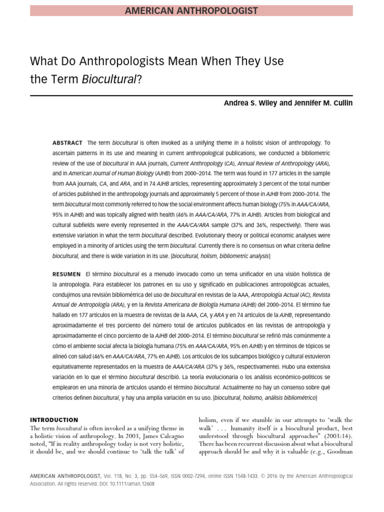 Andrea S. Wiley and Jennifer M. Cullin. What Do Anthropologists Mean When They Use The Term ...