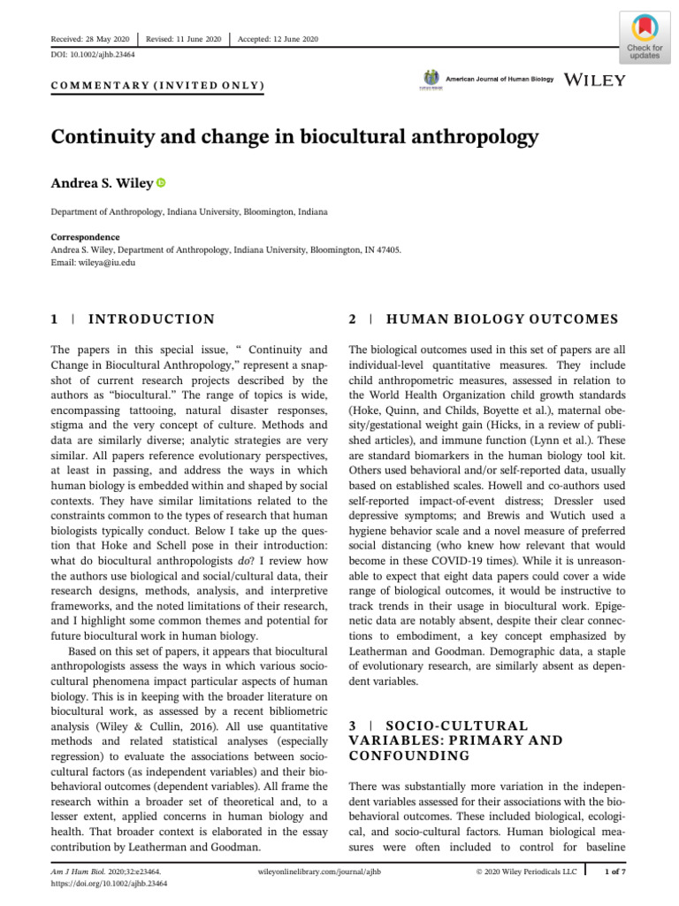 Andrea S. Wiley. Continuity and Change in Biocultural Anthropology | PDF | Ethnography | Statistics