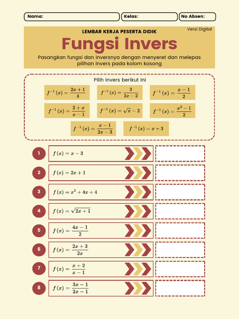 Merah Kuning Sederhana Lembar Kerja Fungsi Invers | PDF