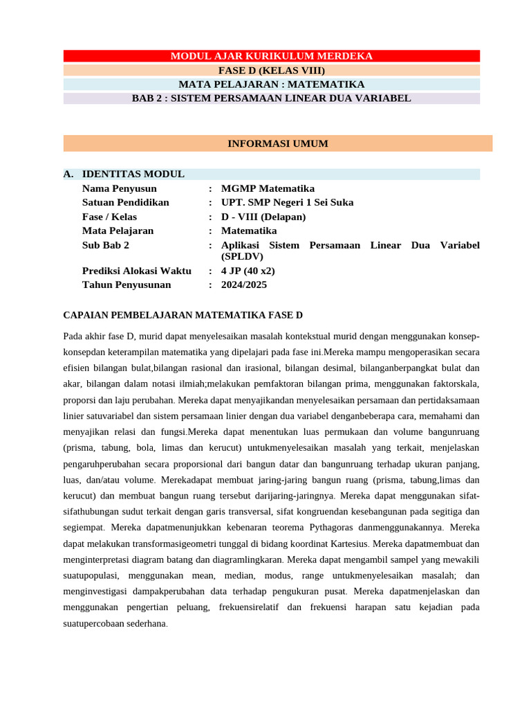 Modul Ajar Matematika Fase D Kelas 8 Bab 2.2 - SPLDV 2 | PDF