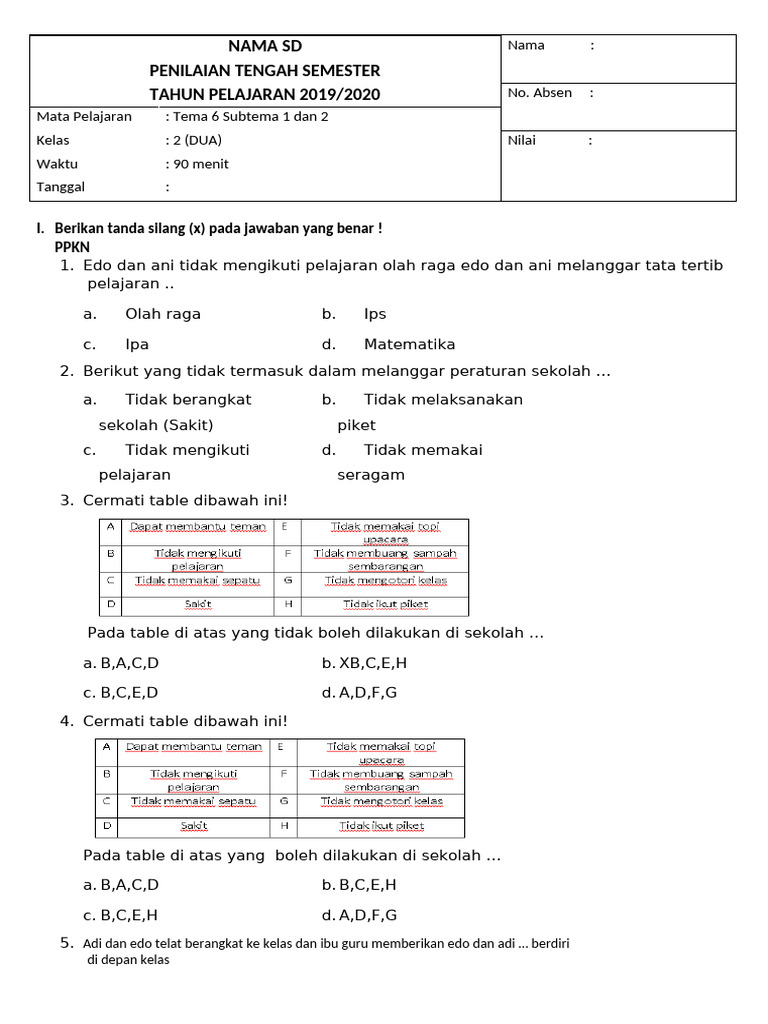 PTS KELAS 2 (Tema 6 Subtema 1 Dan 2) | PDF