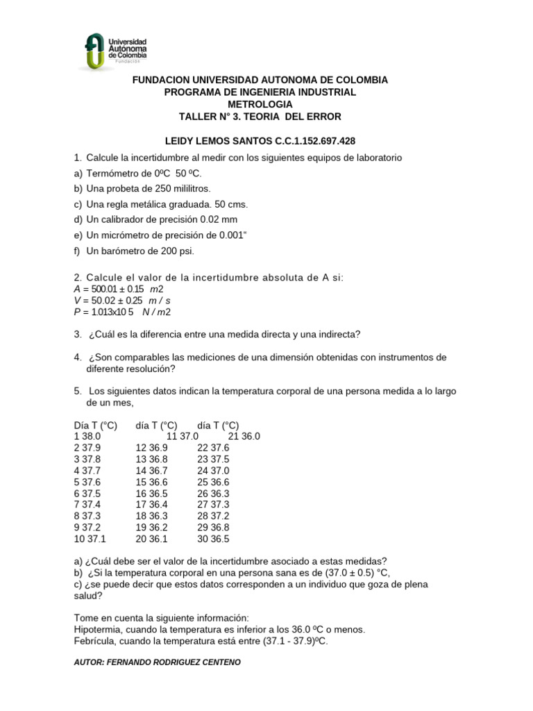 3 de 10 Taller Teoria Del Error | PDF