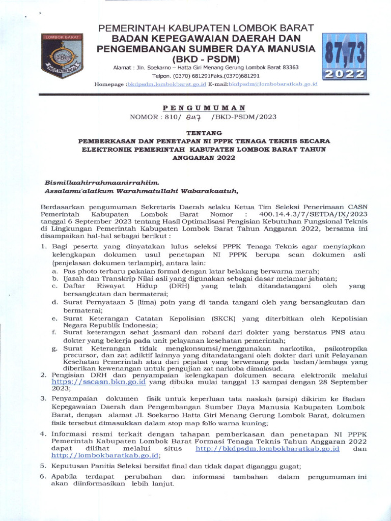 810-847-BKD-PSDM-2023 Pember. Penetapan Ni PPPK | PDF