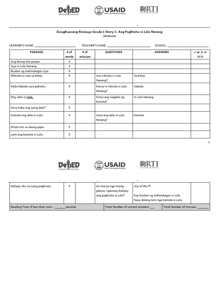 mCRLA G1 RECORD FORM - Sinugbuanong Binisaya | PDF
