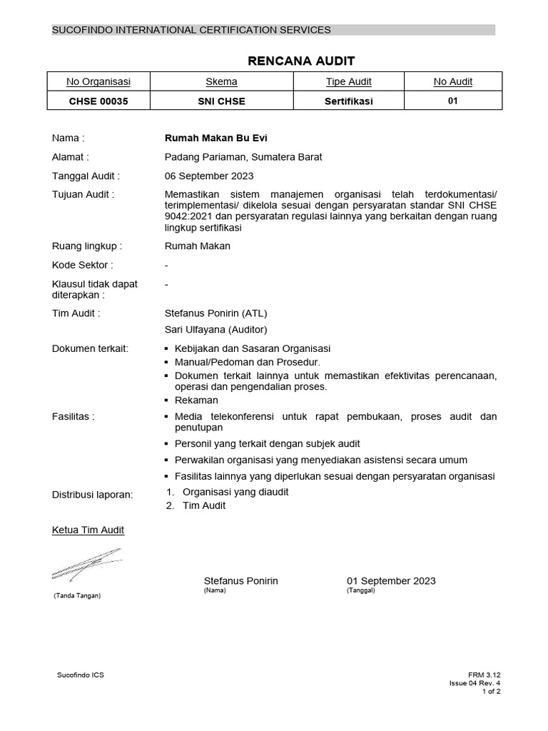 Audit Plan Rumah Makan Bu Evi | PDF