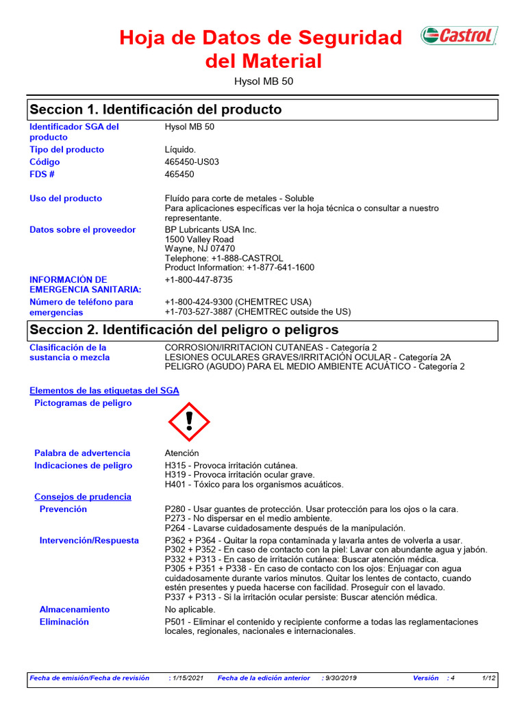 Hysol MB 50: Hoja de Seguridad y Peligros | PDF | Ácido | Agua