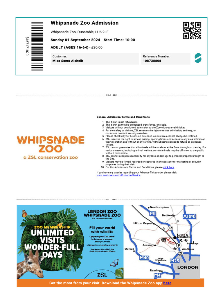 Whipsnade Zoo Admission Tickets 108738808 | PDF