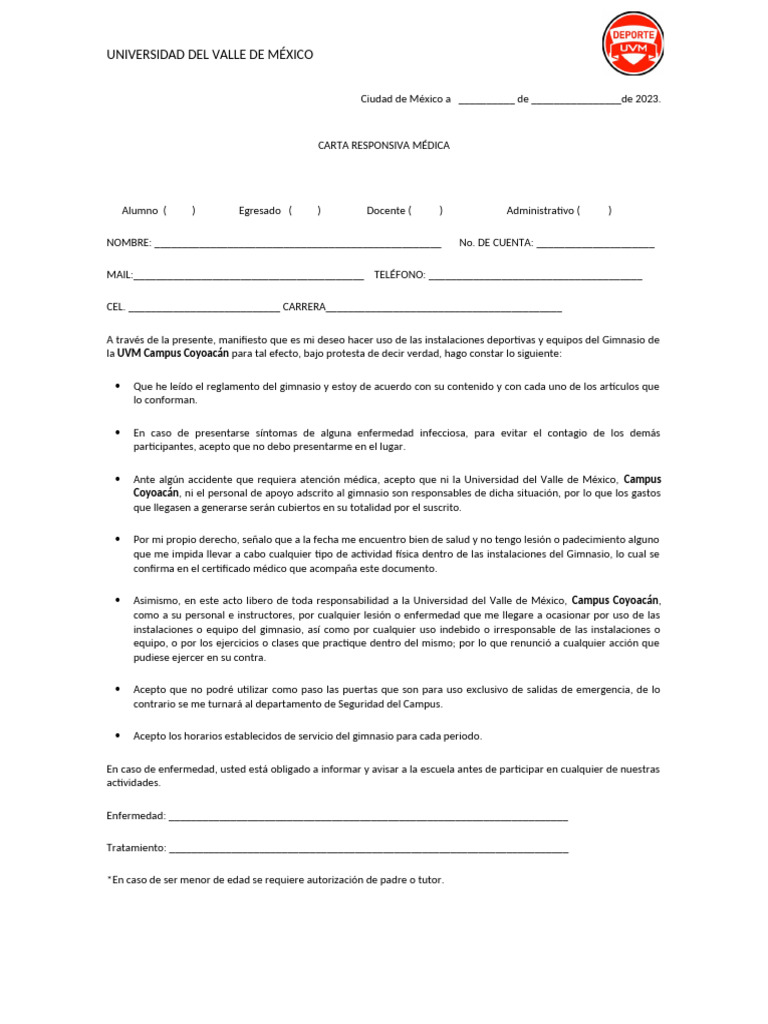 Carta Responsiva Médica para Uso de GYM 2023 | PDF