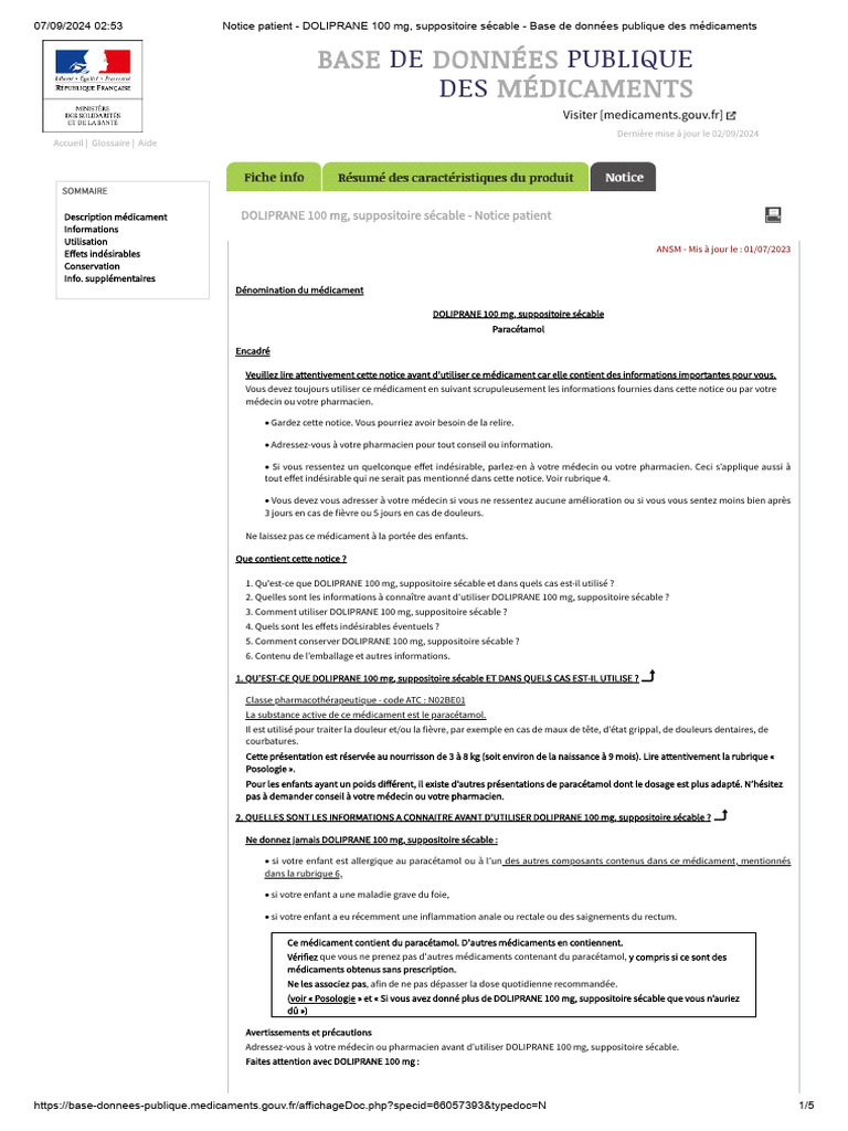 Notice Patient - DOLIPRANE 100 MG, Suppositoire Sécable - Base de ...