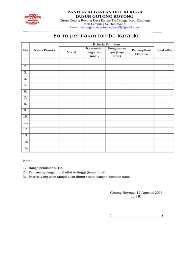 Form Penilaian Lomba Karaoke | PDF