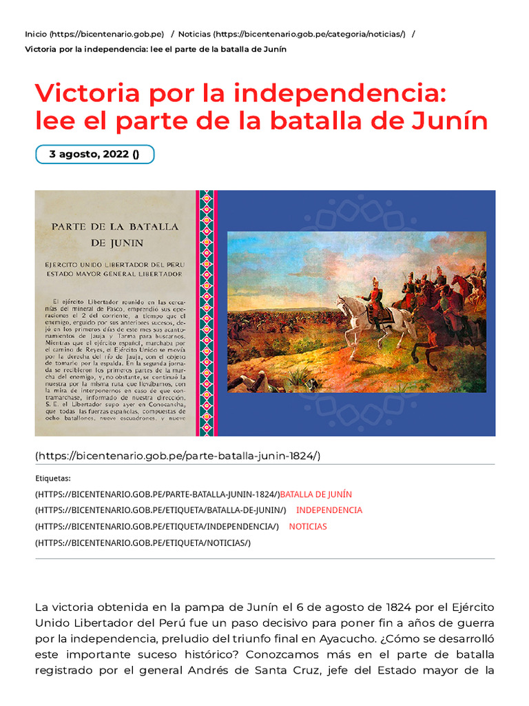 Victoria Por La Independencia - Lee El Parte de La Batalla de Junín ...