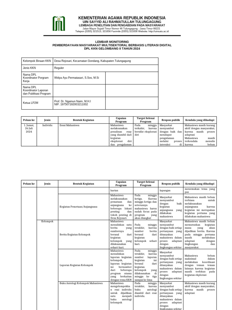 Contoh Lembar Monitoring DPL | PDF