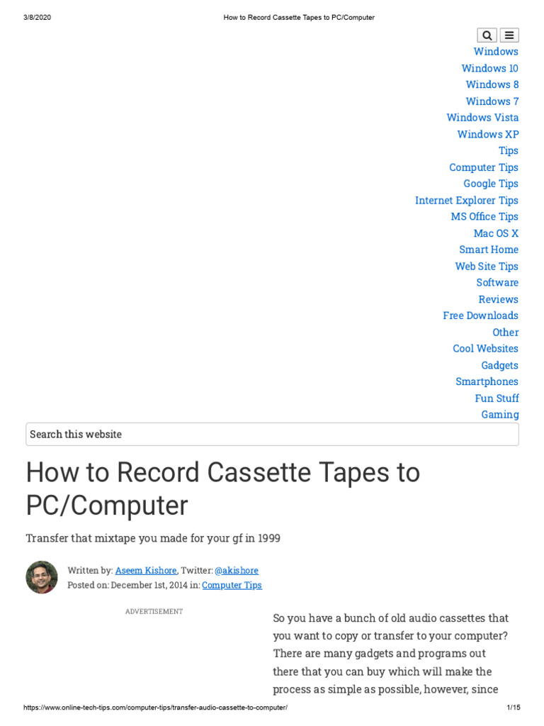 How To Record Cassette Tapes To PC - Computer | PDF | Personal ...