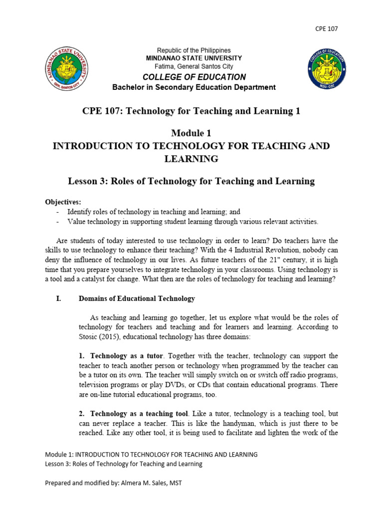 Module 1 Lesson 3 Roles Of Technology For Teaching And Learning Pdf