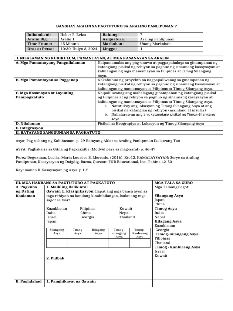 BANGHAY ARALIN SA PAGTUTURO SA ARALING PANLIPUNAN 7 MATATAG CURRICULUM | PDF