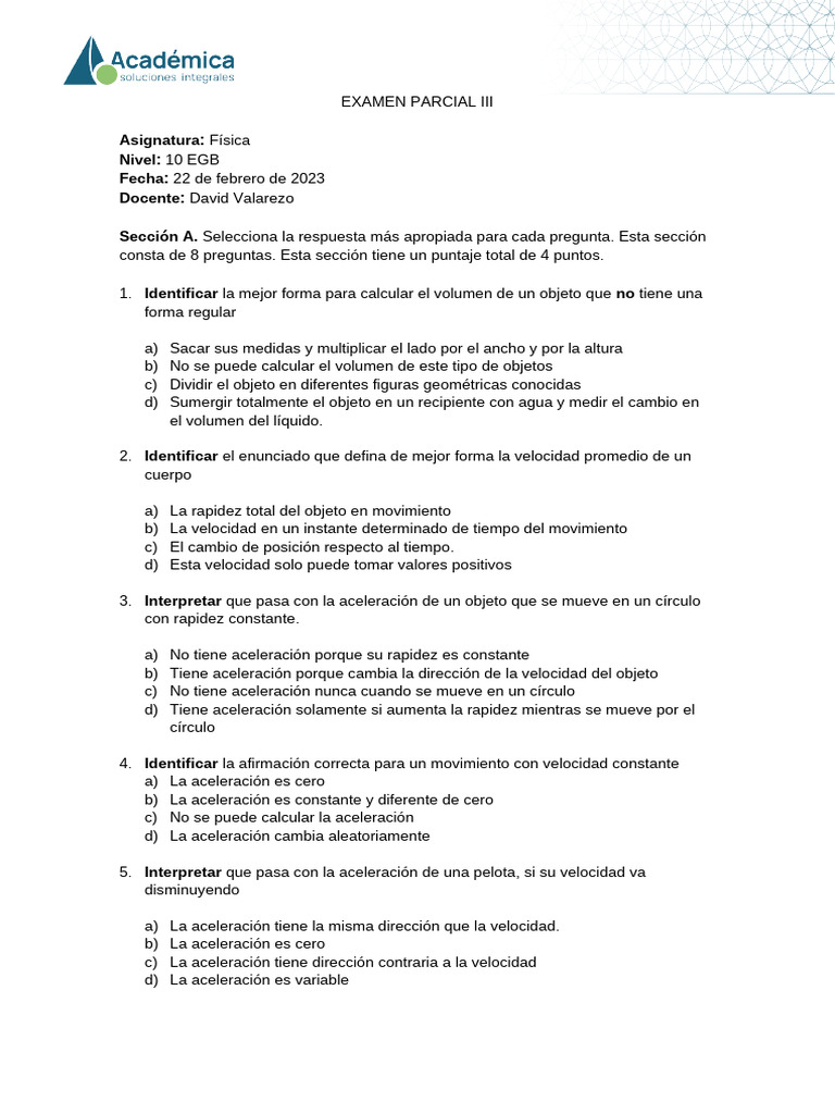 Examen Física III 10 EGB | PDF