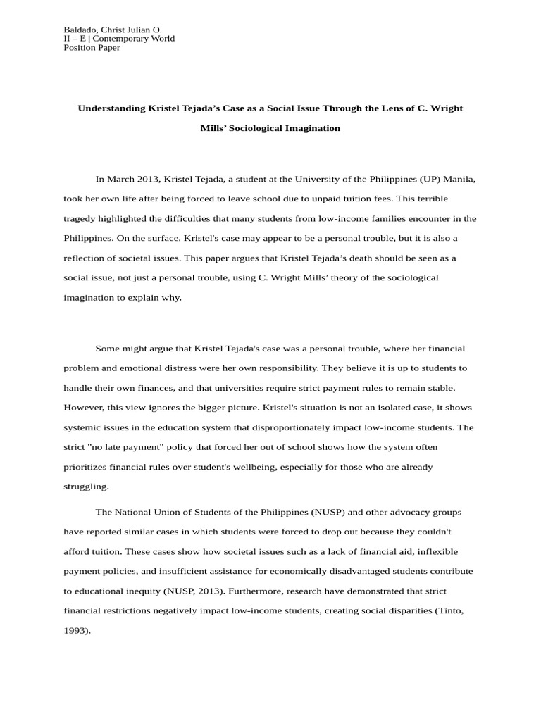 Position Paper About Chirstine Tejada | PDF | Poverty | Poverty ...