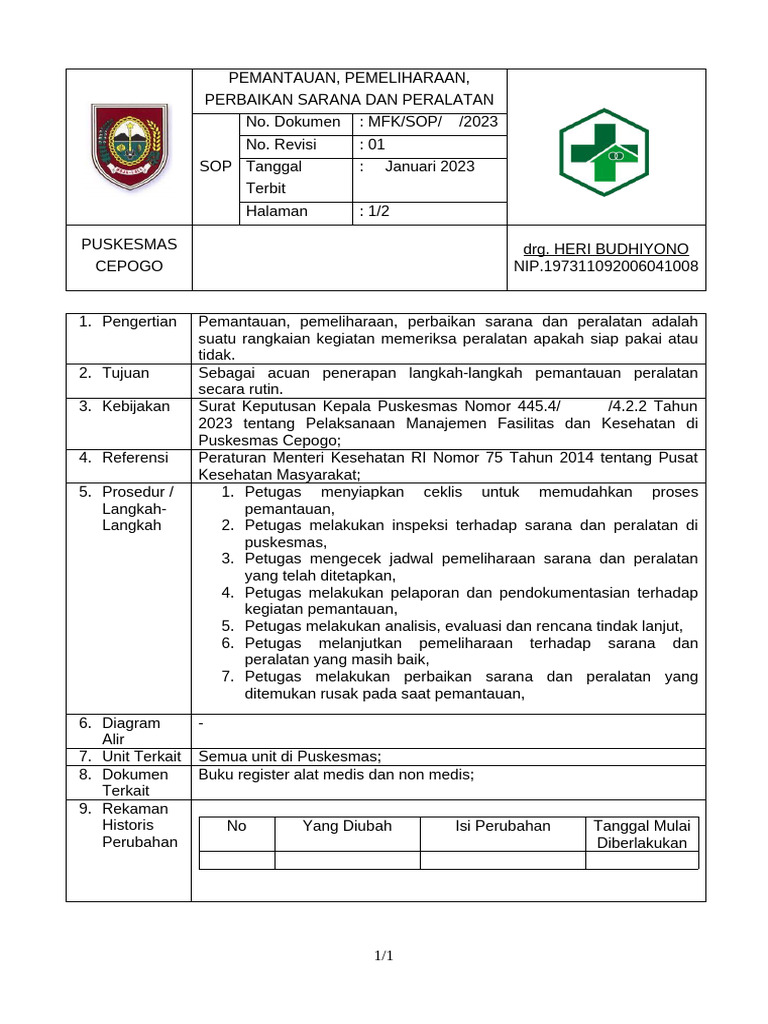 SOP Pemantauan, Pemeliharaan, Perbaikan Sarana Dan Peralatan AKRED | PDF