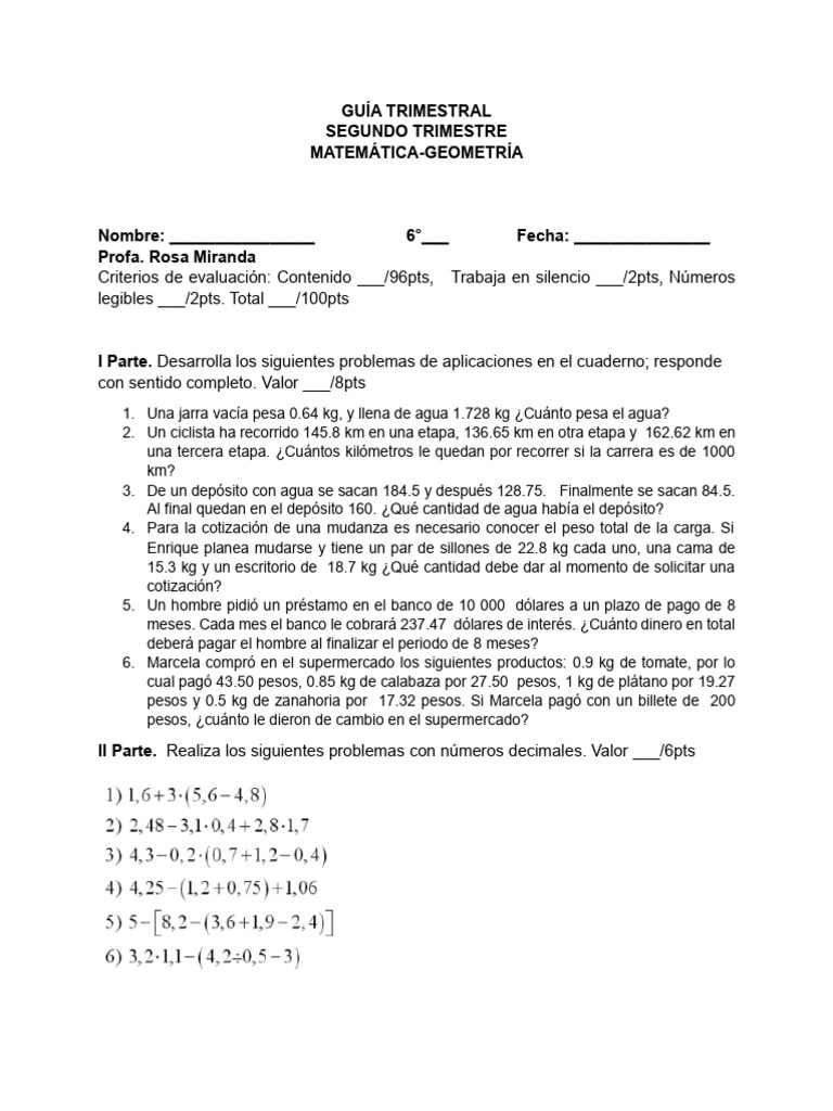 Guía Trimestral de Matemática y Geometría 6° Grado Segundo Trimestre | PDF