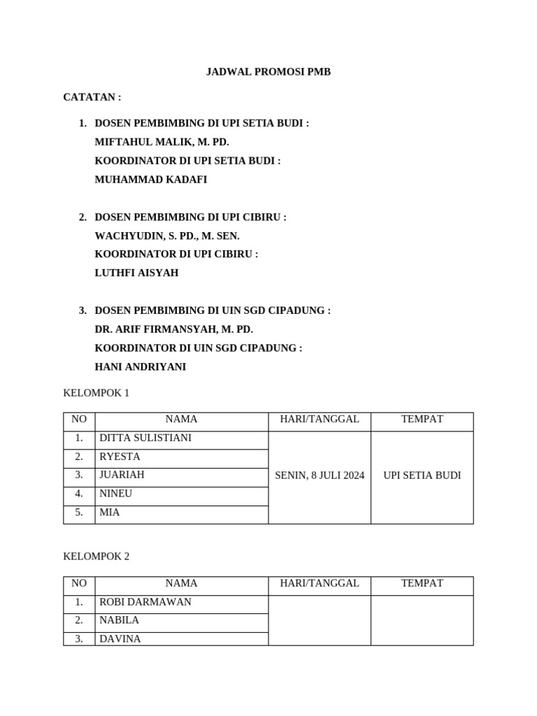 Jadwal Promosi PMB | PDF