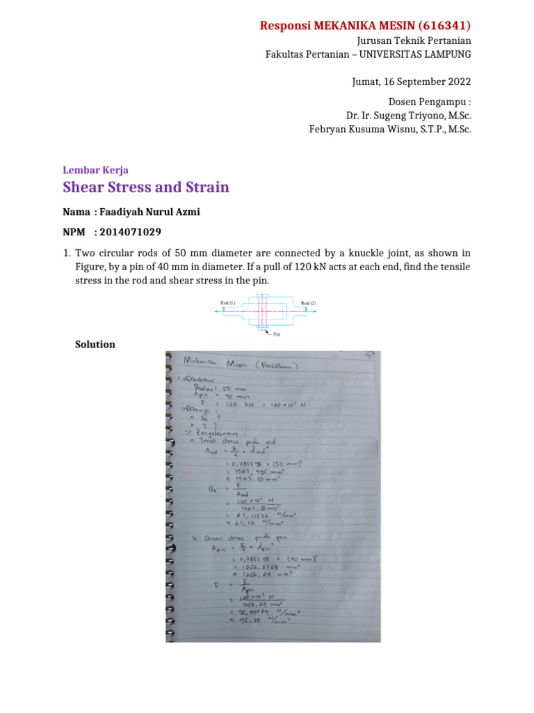 LK 2 - Shear Stress and Strain - Faadiyah Nurul Azmi | PDF | Stress (Mechanics) | Materials