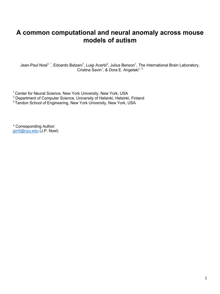Asd A Common Computational And Neural Anomaly Across Mouse Models Of
