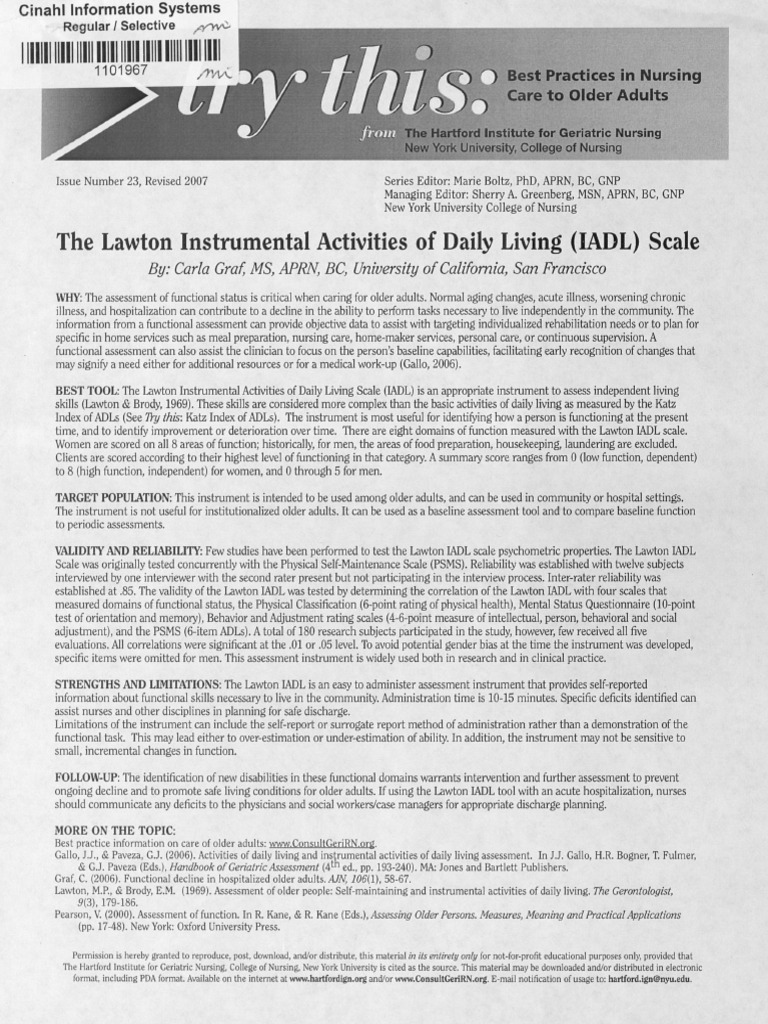 Lawton Instrumental Activities of Daily Living Scale | PDF