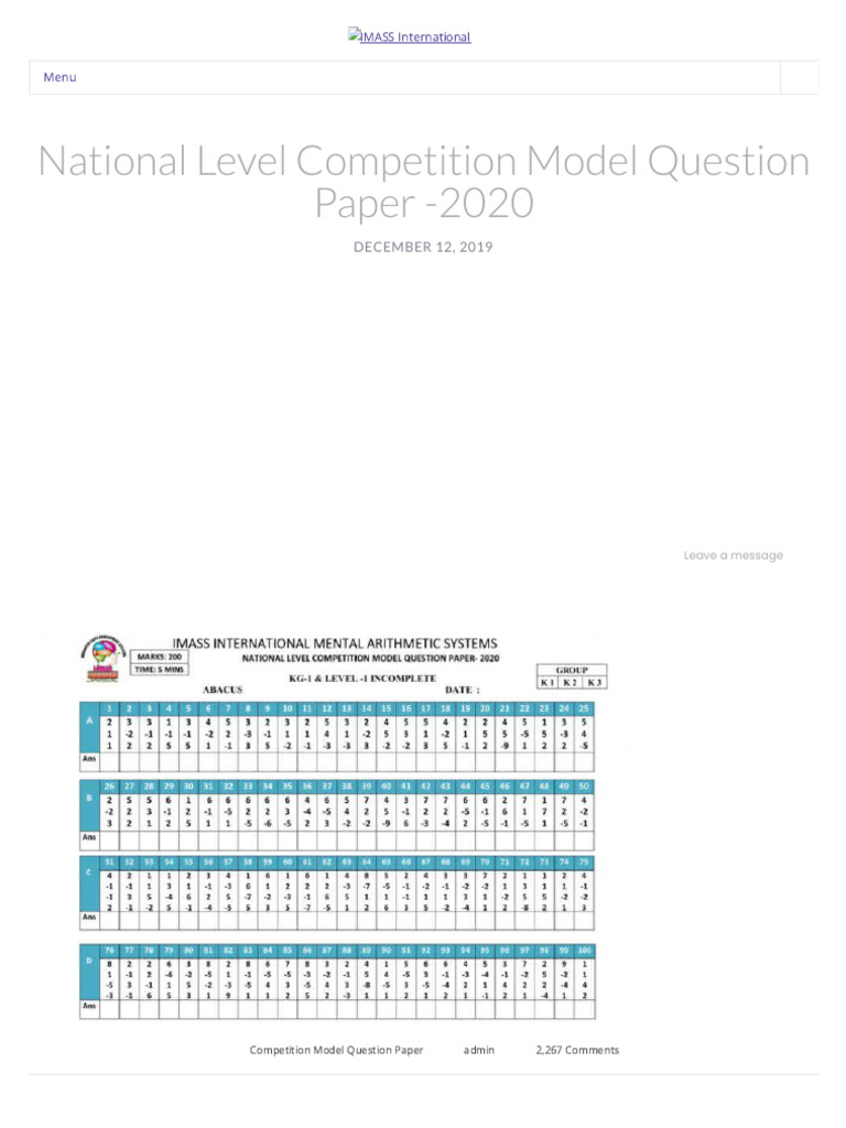 National Level Competition Model Question Paper - 2020 - IMASS ...