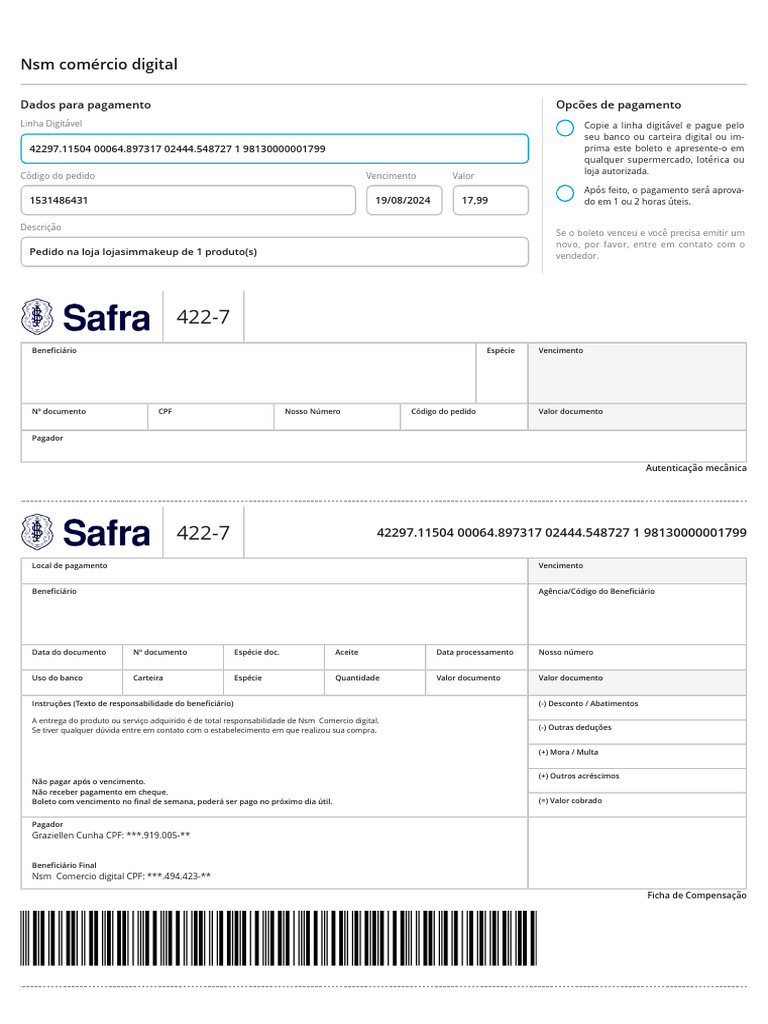 Boleto de Pagamento Nsm Comércio Digital | PDF