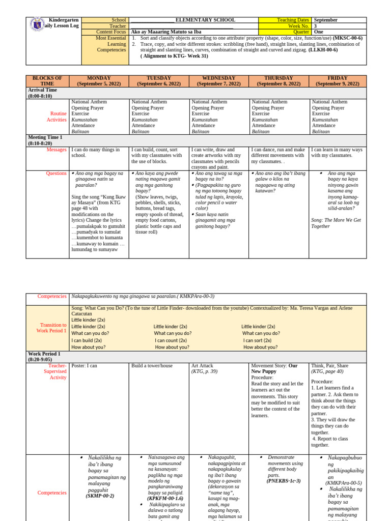 Kindergarten DLL MELC Q1 Week 3 | PDF