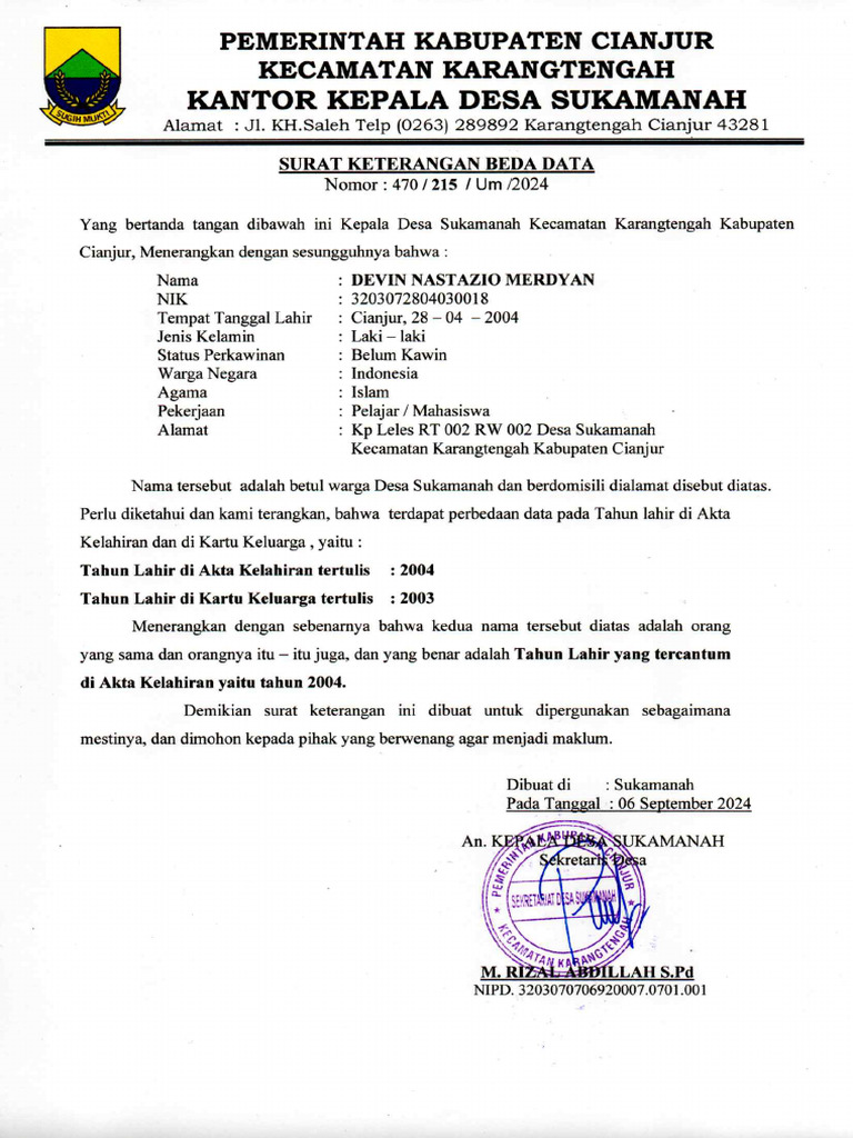 Keterangan Beda Data Devin | PDF