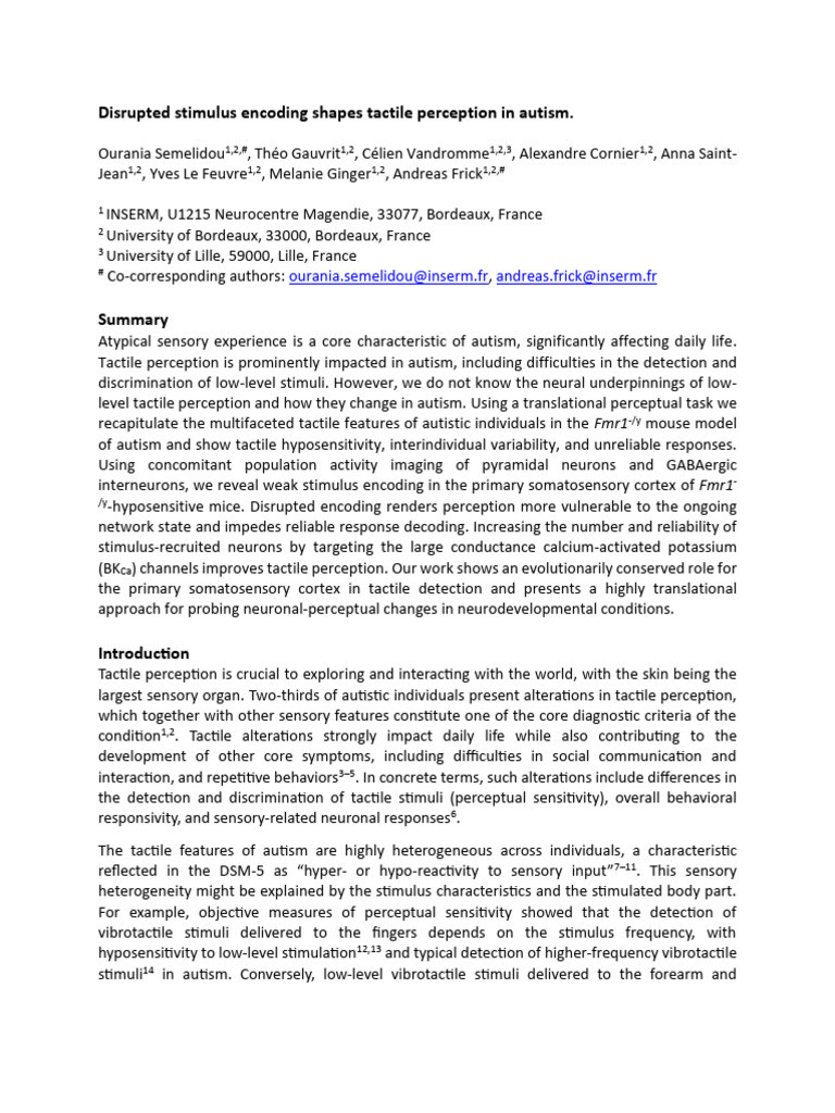 Disrupted Stimulus Encoding Shapes Tactile Perception in Autism | PDF Disrupted Stimulus Encoding Shapes Tactile Perception in Autism | PDF