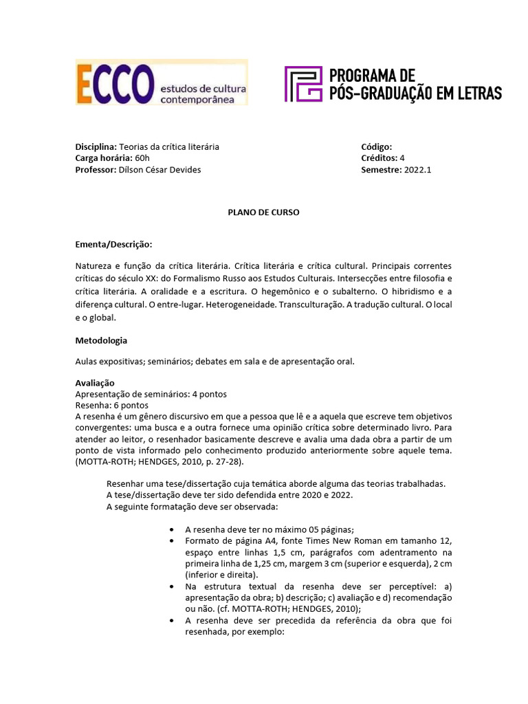 Ementa Teorias Da Crítica Lit - ECCO | PDF