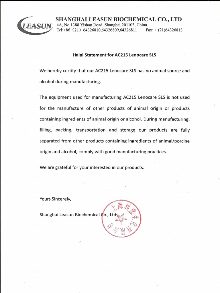 Halal Statement For Lenocare SLS | PDF