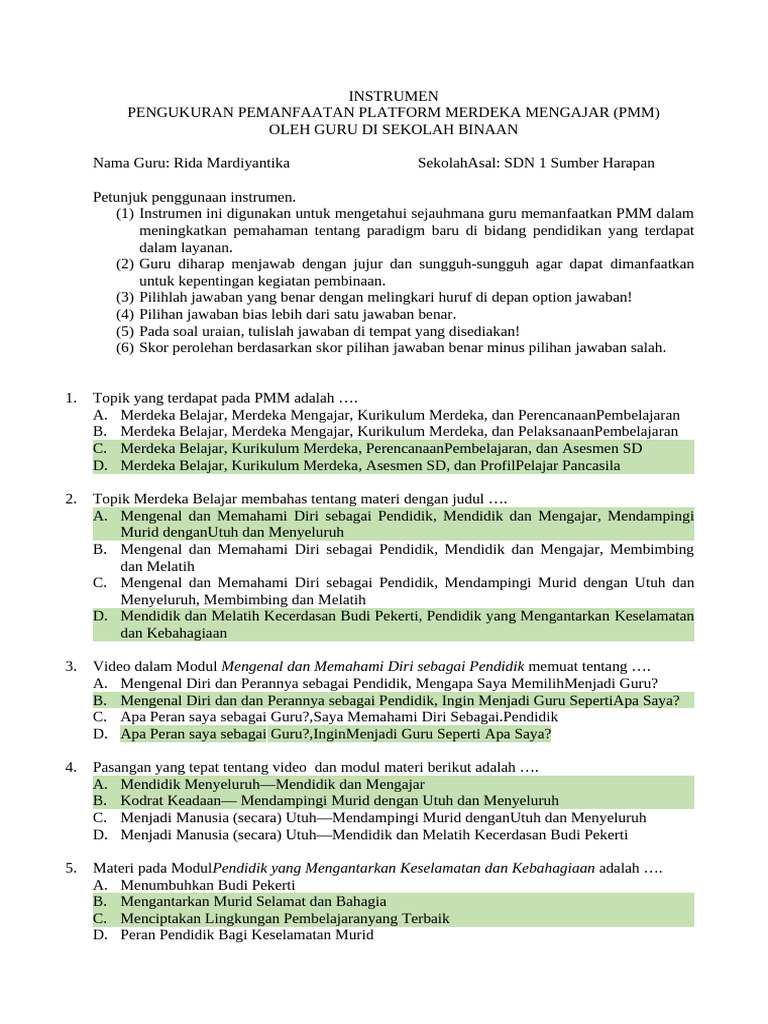 Jawaban Instrumen PMM Rida | PDF
