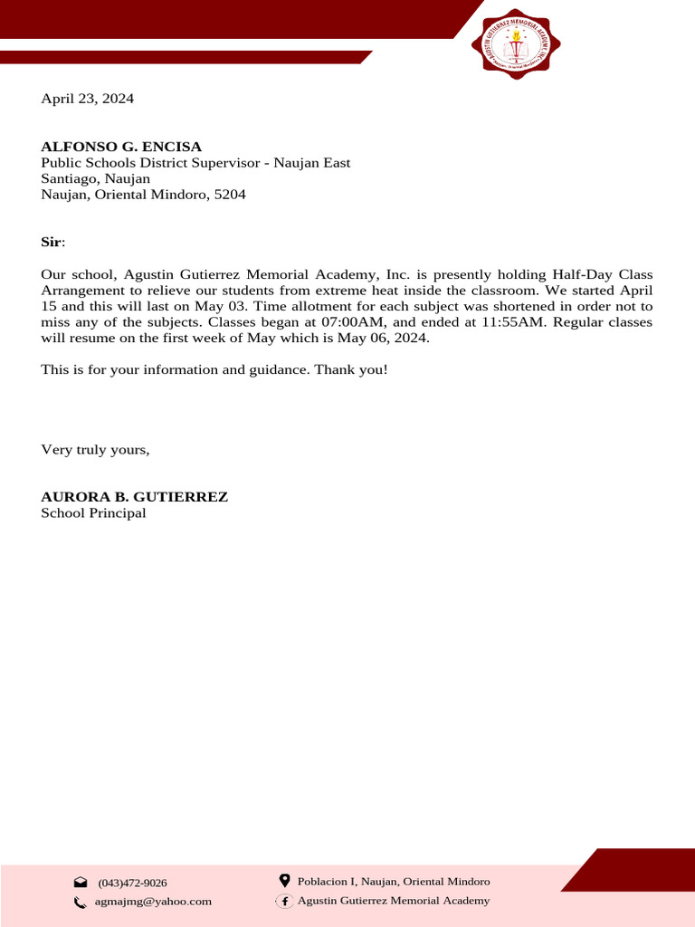 Letter For Half-Day Address To District Supervisor | PDF